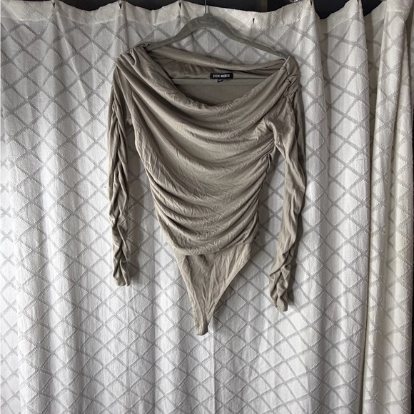 Steve Madden | Tops | Steve Madden Taupe Draped Bodysuit | Poshmark